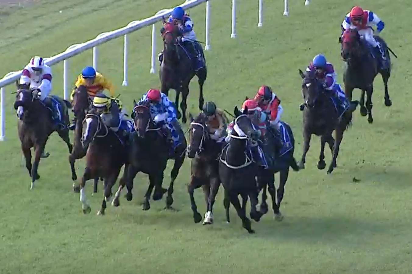 Jockey nearly falls in home straight, beaten in photo finish